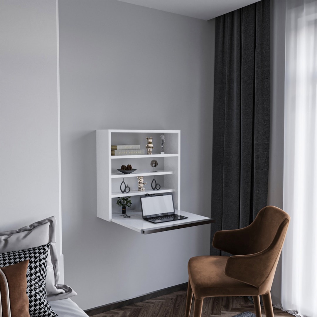 White Floating Desk With Shelf, Space Saving Desk, Wall Mounted ...