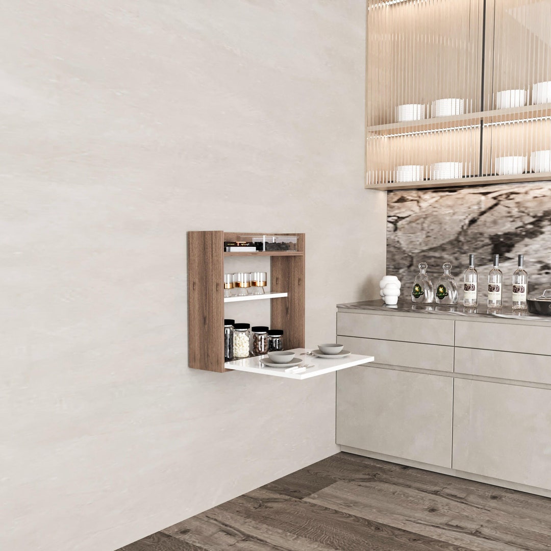 Wood Wall Mounted Folding Brown Kitchen Table, Space Saving Foldable ...