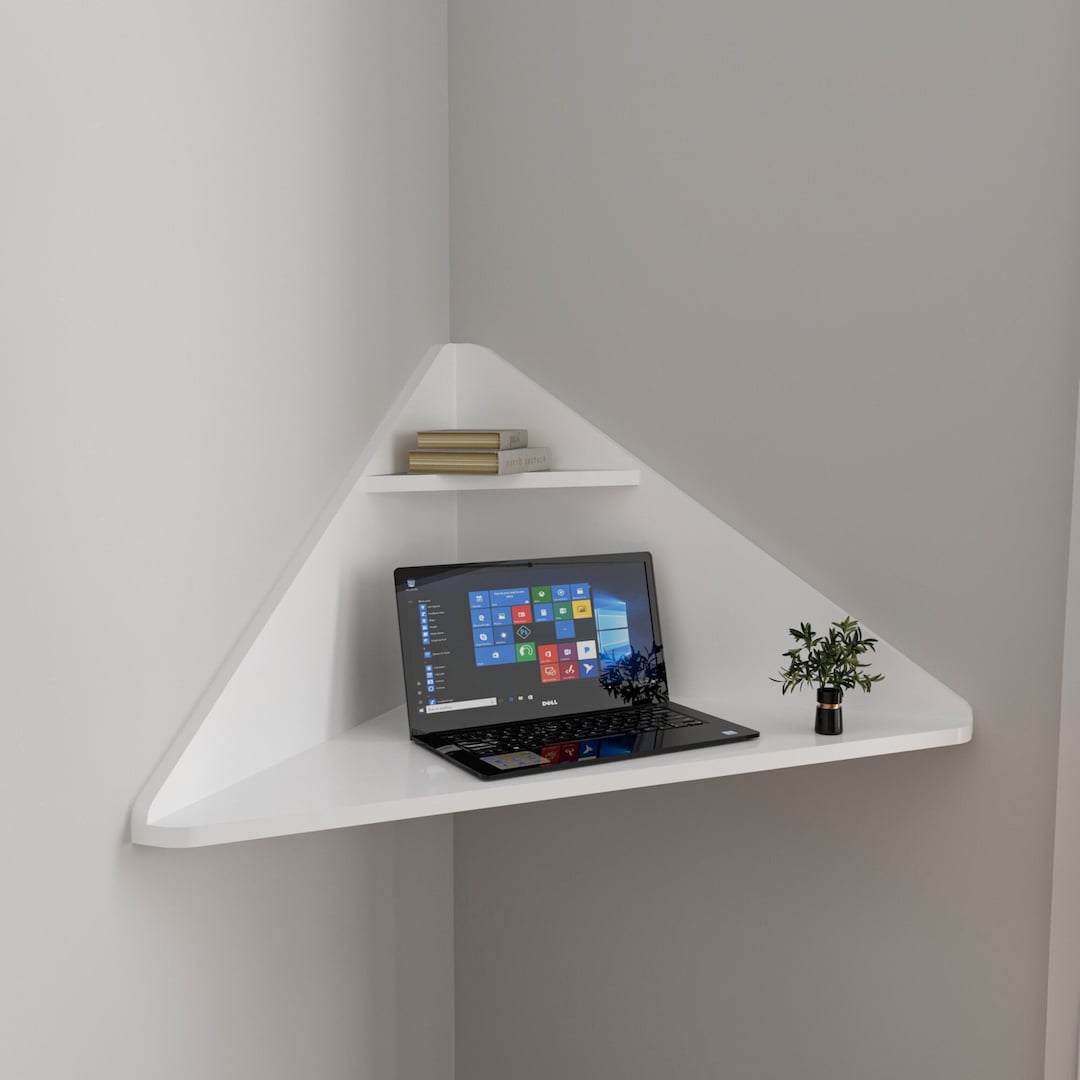 Buy White Wood Space Saving Wall Mounted Corner Desk, L Shaped Home ...