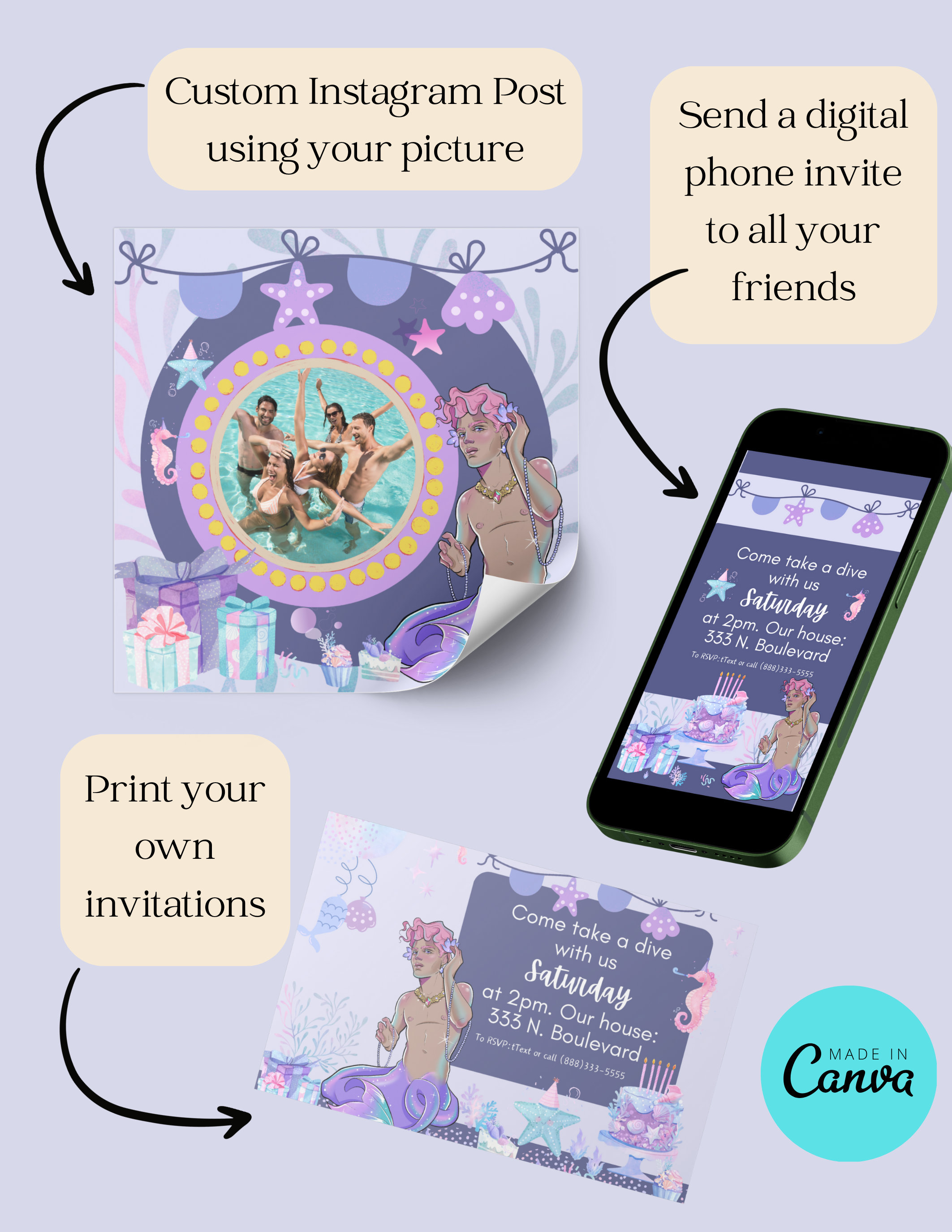 Digital Download Merman Birthday Invitation Set for Boys and Girls ...