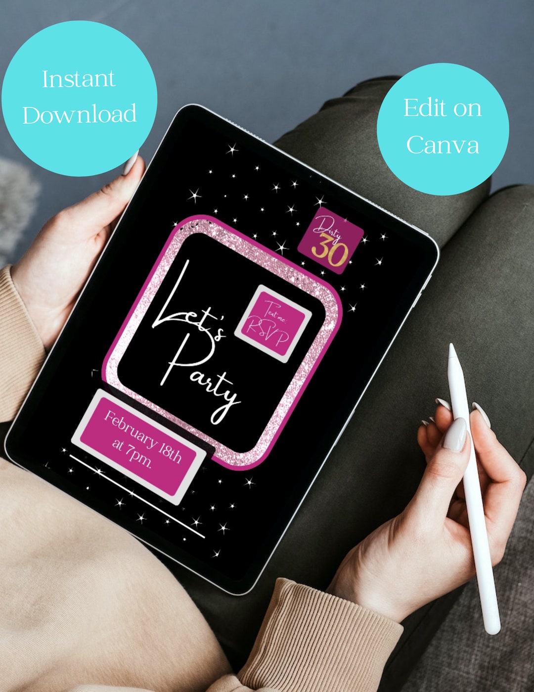 Editable Glitter Pink and Black Dirty 30 Invitation Milestone Birthday ...