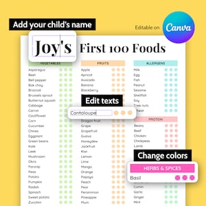 Baby's First 100 Foods Tracker Planner Checklist Chart Log • Printable ...