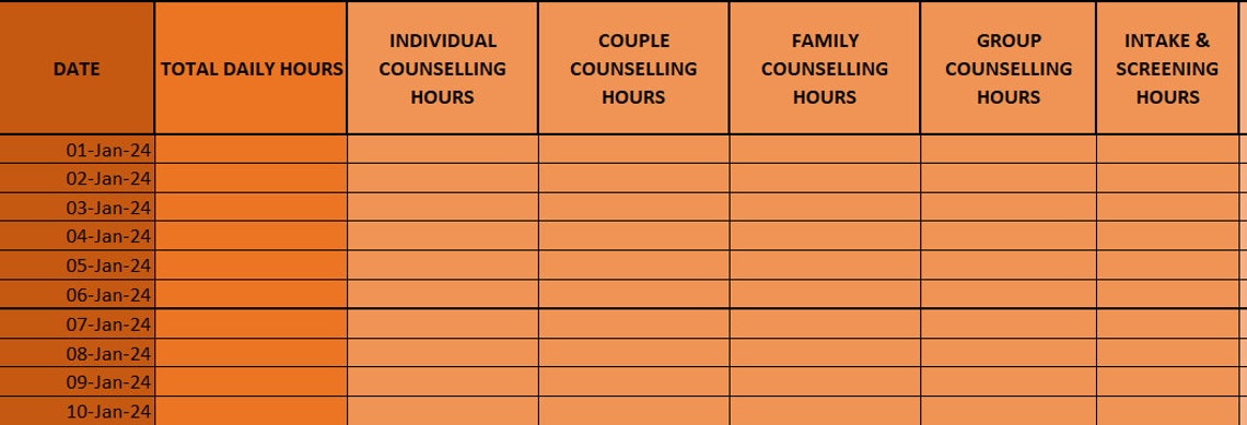 Counselling Practicum Hours Spreadsheet Tracker With Automatic Counting ...