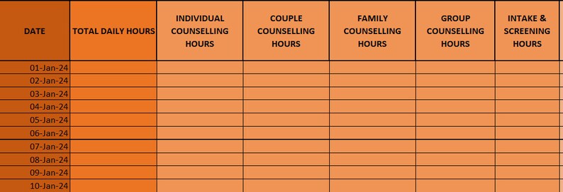 Counselling Practicum Hours Spreadsheet Tracker With Automatic Counting ...