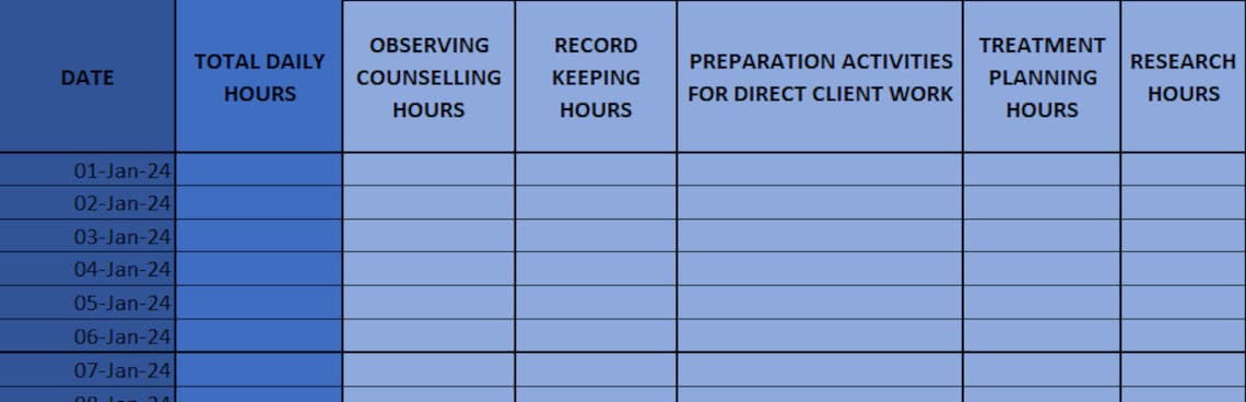 Counselling Practicum Hours Spreadsheet Tracker With Automatic Counting ...