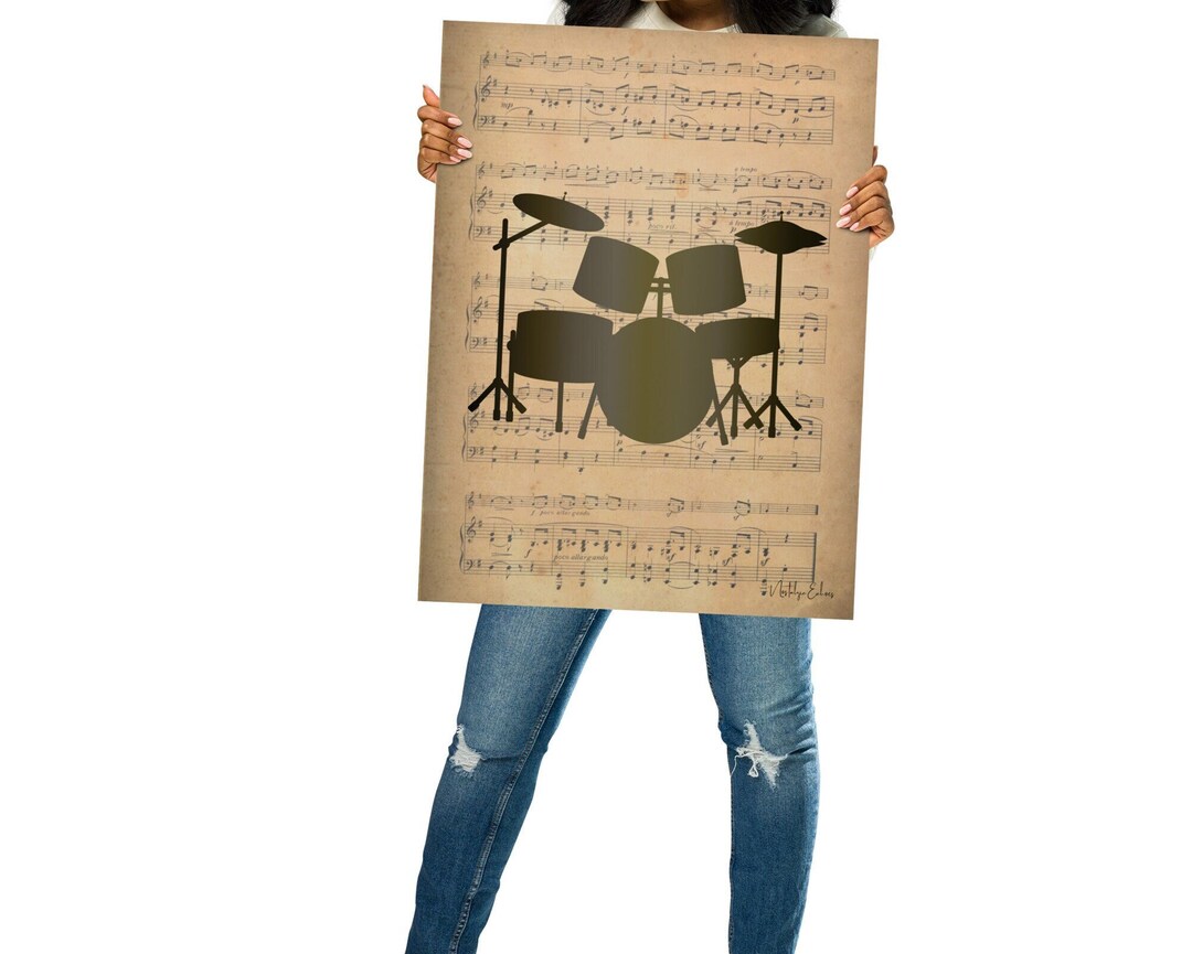 Vintage Music Drum Kit Poster, Vintage Music Sheet With Drum Kit Poster ...