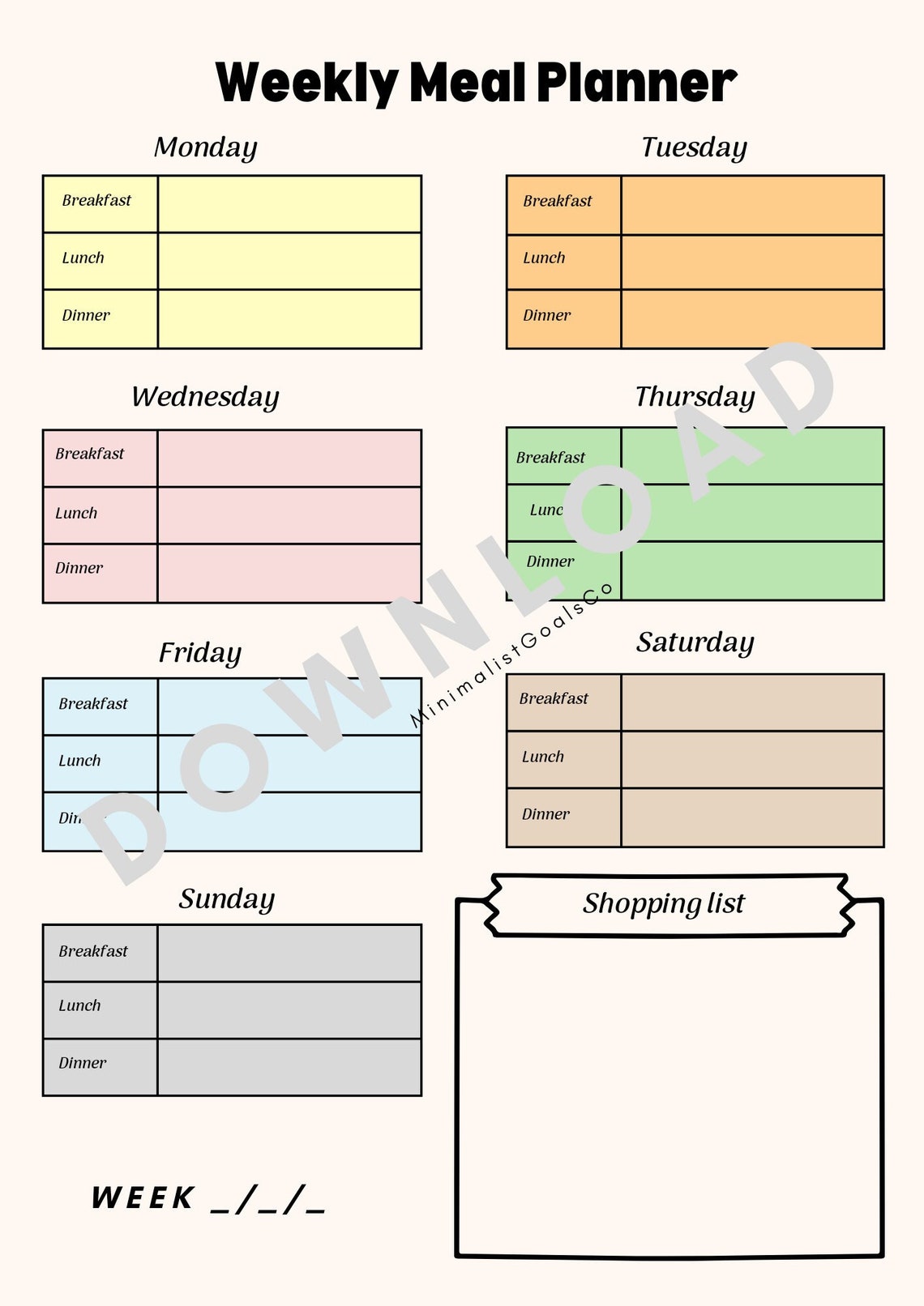 Printable Minimalist Meal Weekly Planner, Digital Planner, Shopping ...