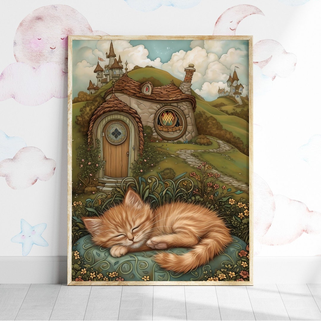Cute Fairy Tale Cat Sleeping Ginger Kitten Print Artful Cat Art Gift ...