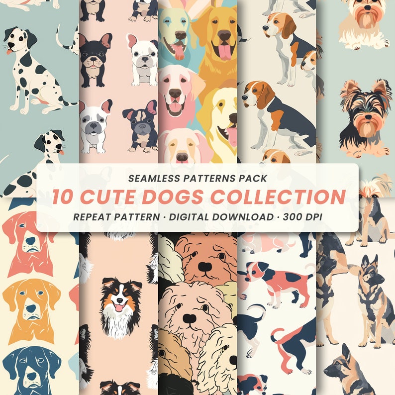 10 Cute Dogs Collection SEAMLESS PATTERNS Digital Design. Baby Clothing ...