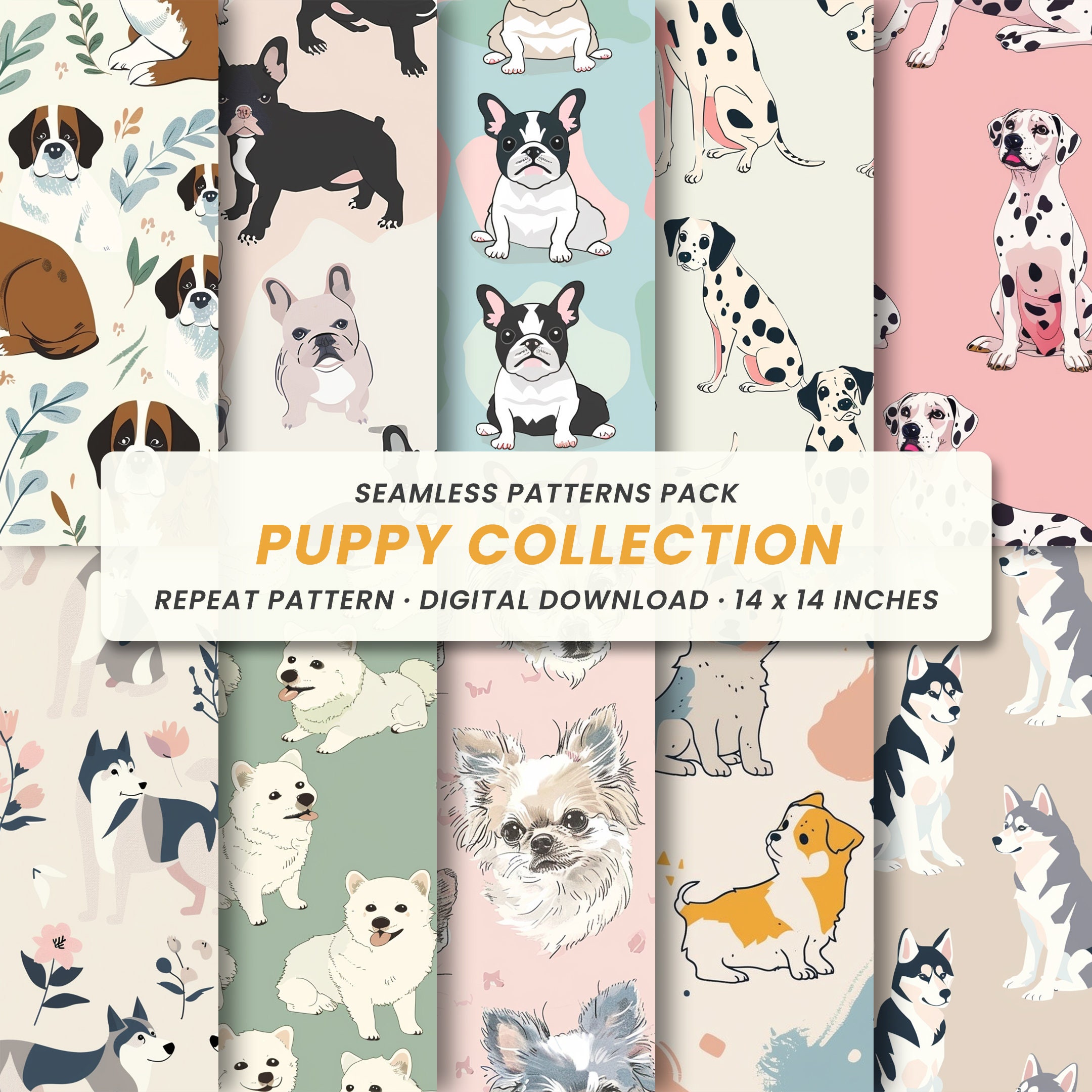 10 Puppies Collection Cute Dogs SEAMLESS PATTERNS Digital Design. Baby ...