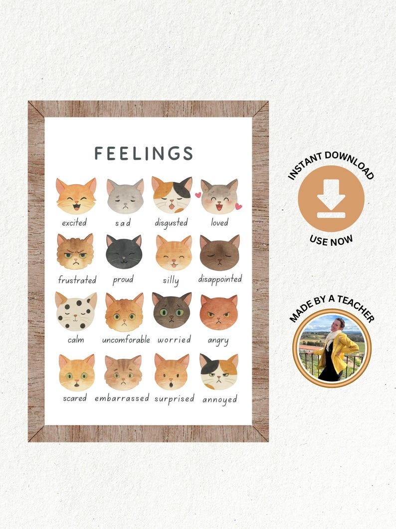 Cat Feelings Chart: Kids SEL Emotions Poster, Watercolor Animal Wall ...