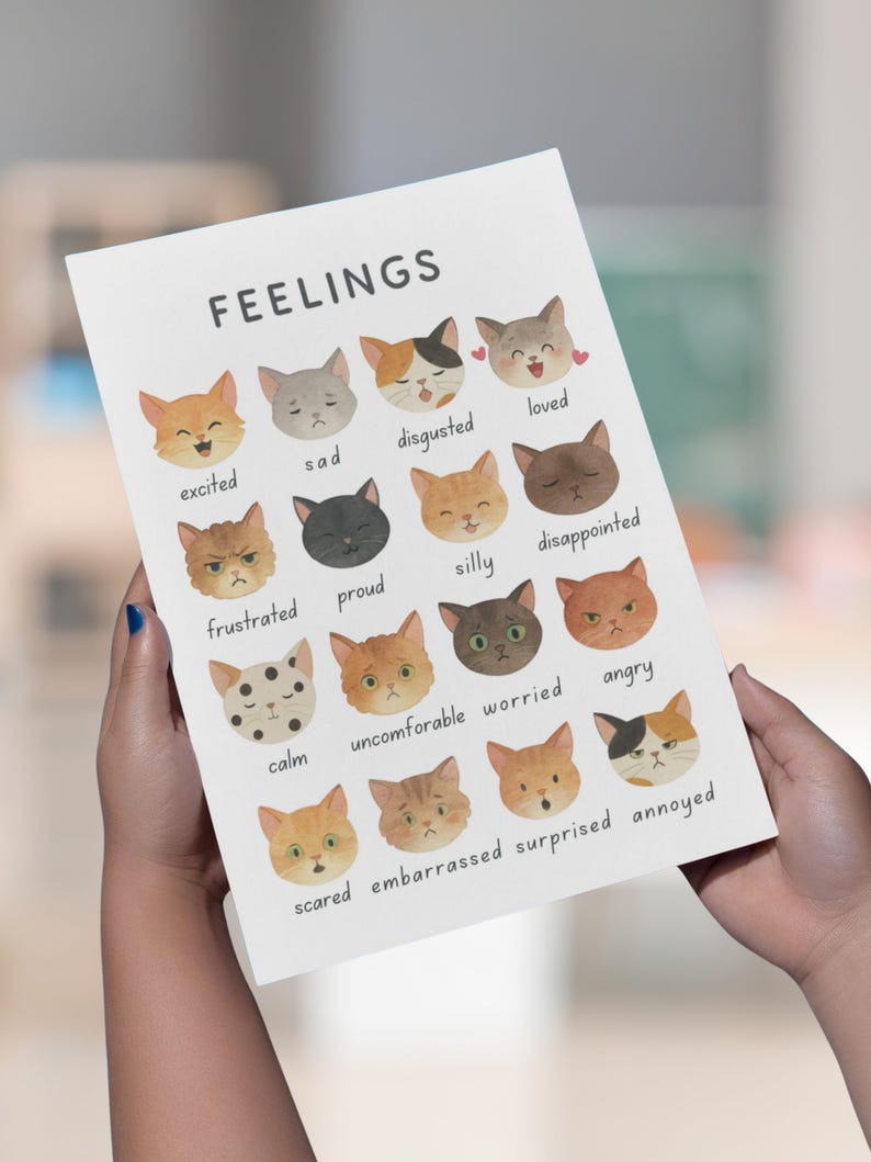 Cat Feelings Chart: Kids SEL Emotions Poster, Watercolor Animal Wall ...