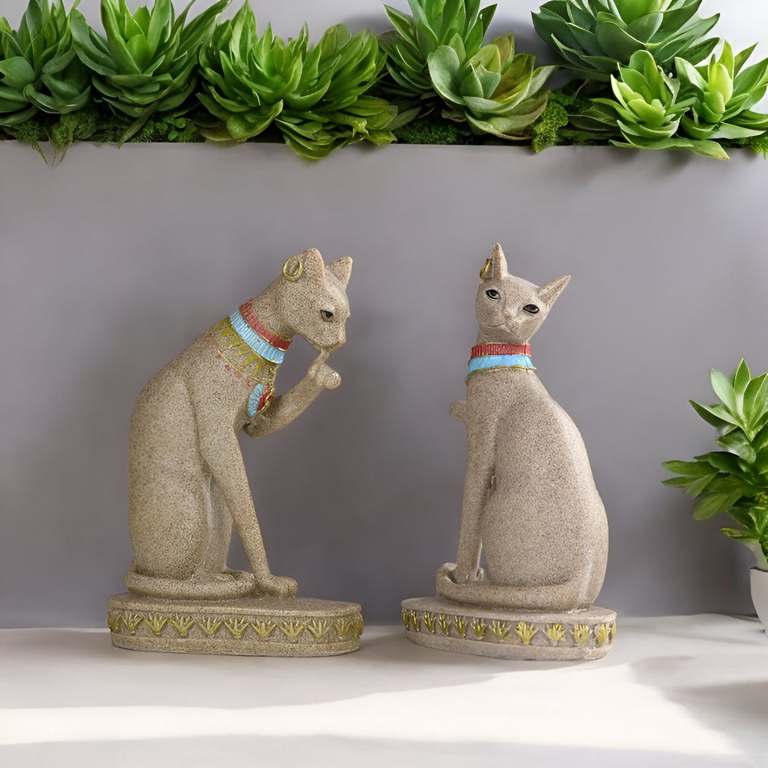 Goddess Sandstone Bastet Cat / Unique Statue of Grey Cat With Symbols ...