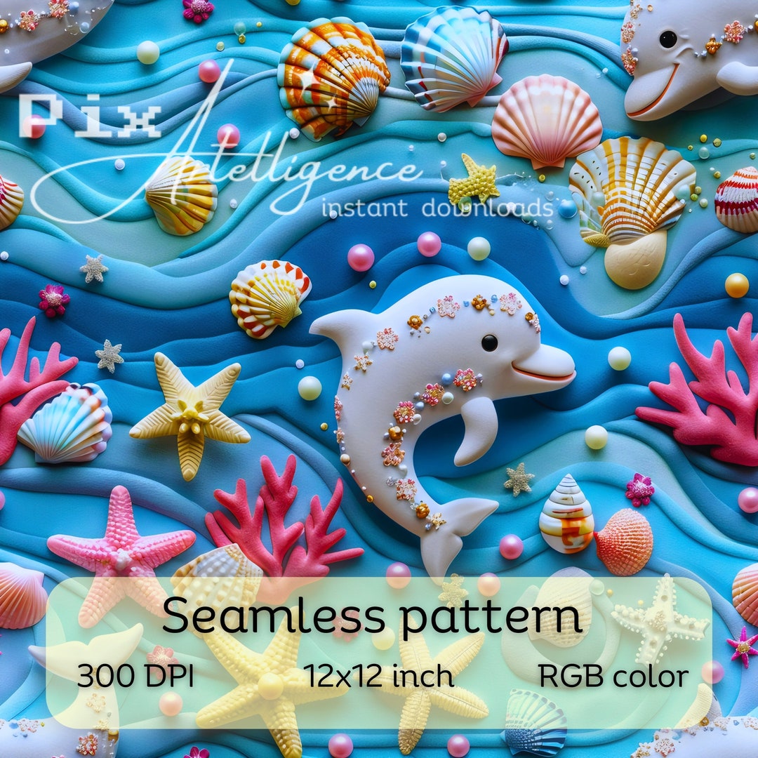 3D Summer Dolphins and Seashells Seamless Repeating Pattern for Fabric ...
