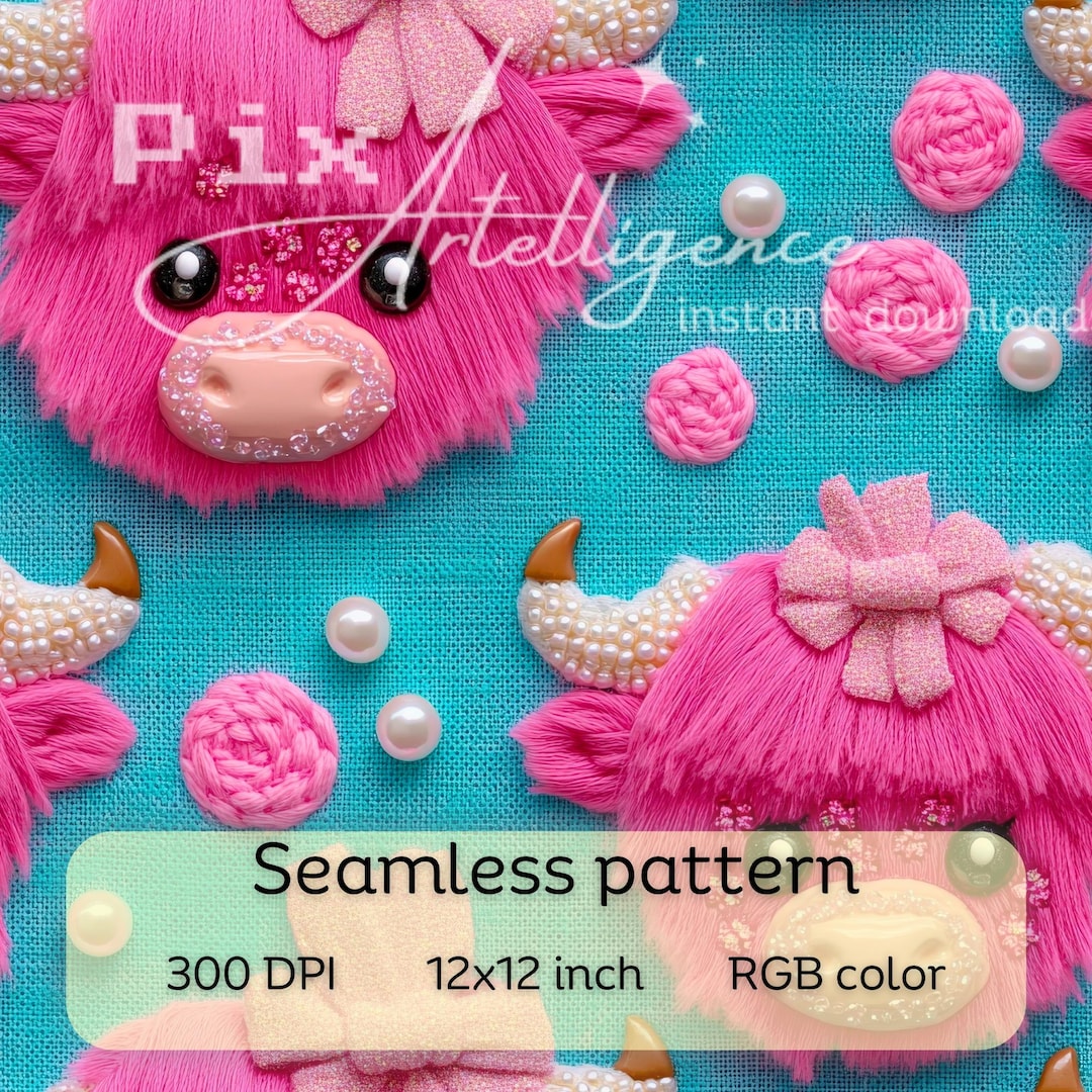 3D Pink Coquette Highland Cow Seamless Repeat Pattern File for Fabric ...