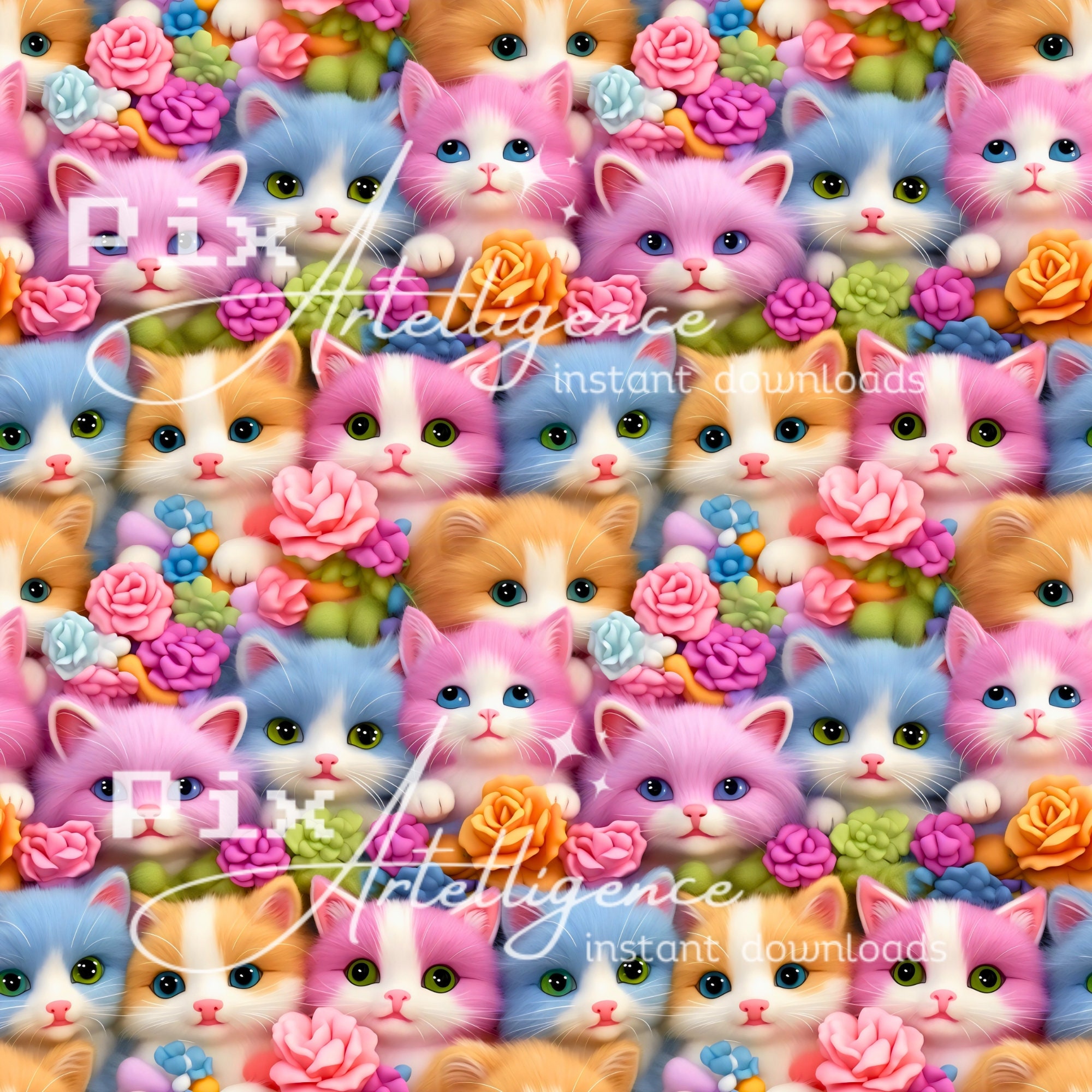 3D Cute Kittens & Blooms Seamless Repeating Pattern File for Fabric ...