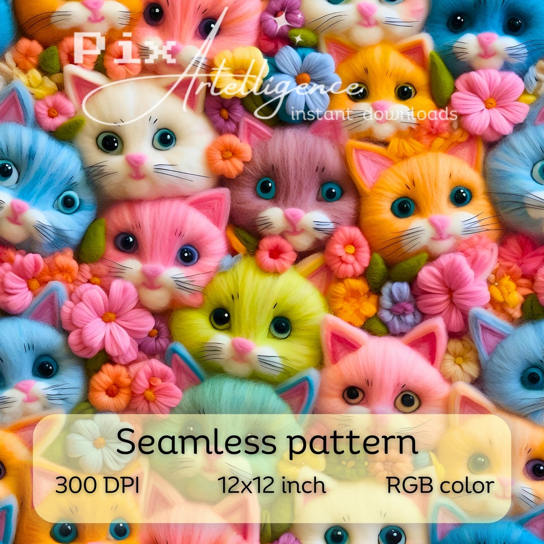 3D Cute Kitten Seamless Repeat Pattern for Fabric Sublimation, Digital ...