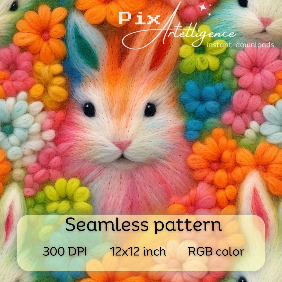 3D Easter Bunny Rabbit Seamless Pattern Floral Faux Embroidery ...