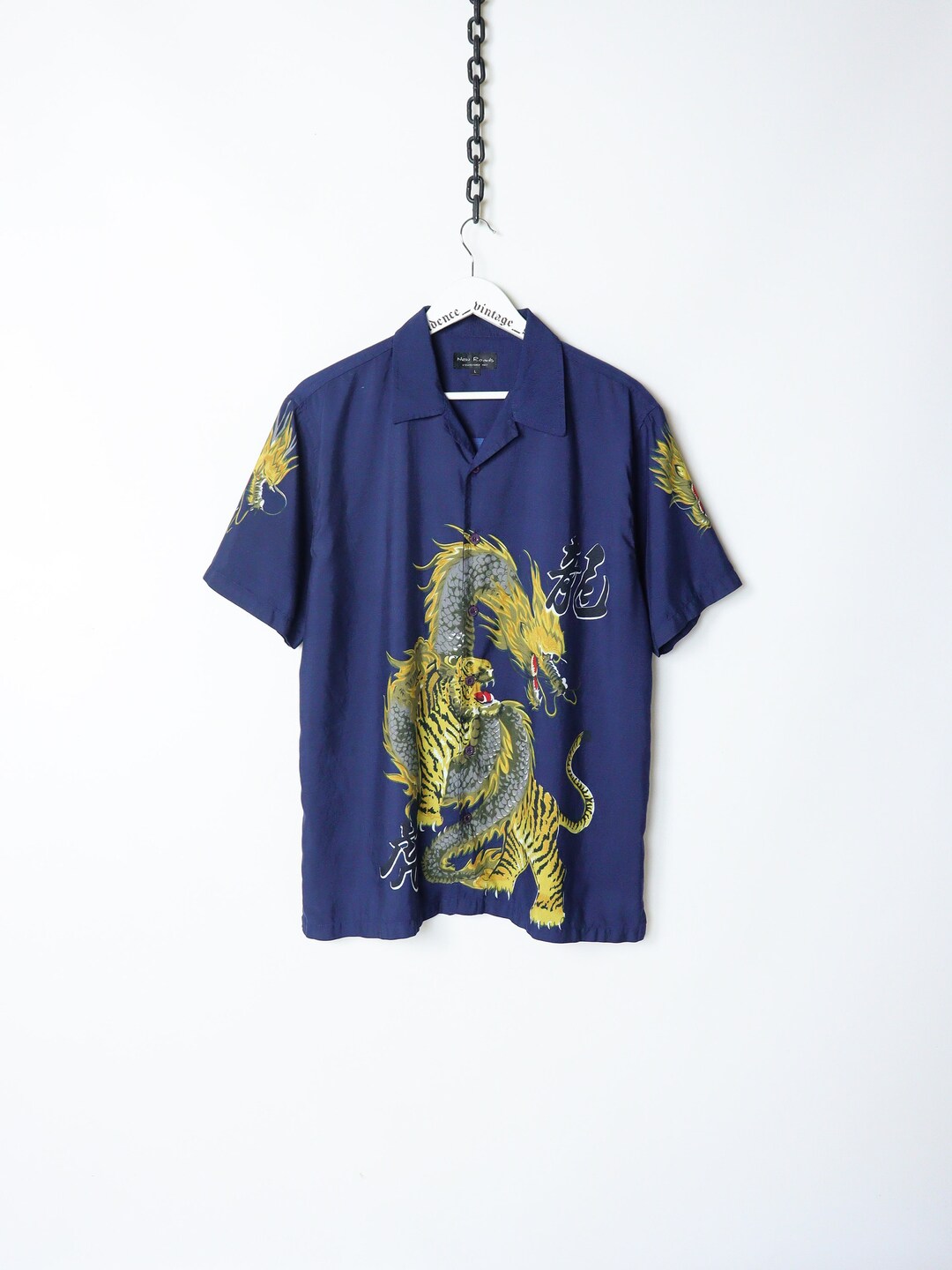 Y2K Dragon Tiger Hawaii All Over Print Navy Shirt Mens Size L. Crazy ...