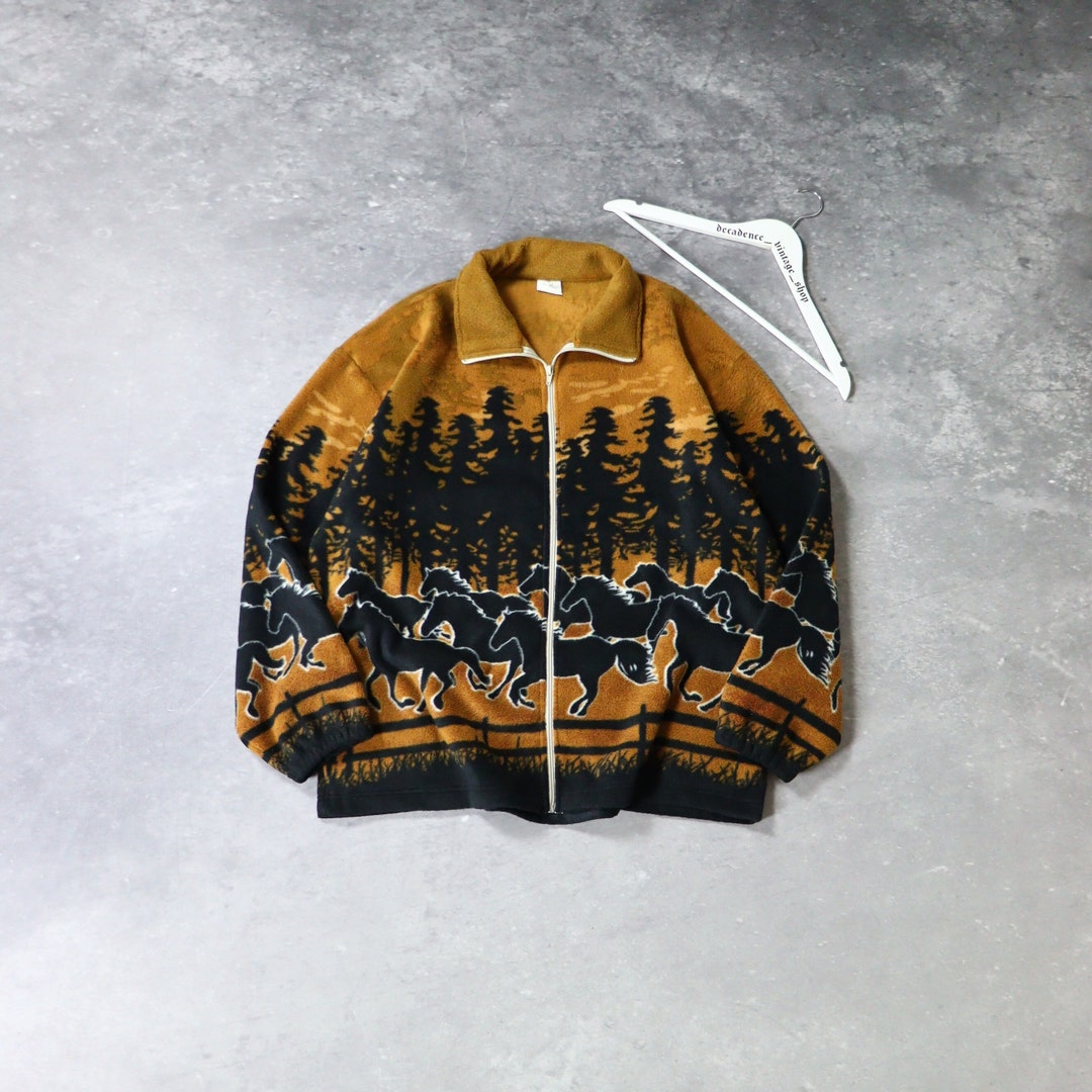 90s Vintage Jacket Fleece Horses Forest AOP Zip Mens Size L-XL Retro ...