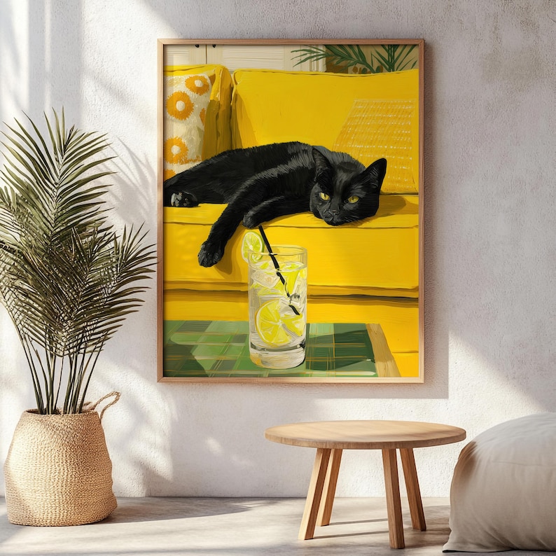 Black Cat With Lemonade Poster Wall Art – Yellow Sofa Cat Illustration ...