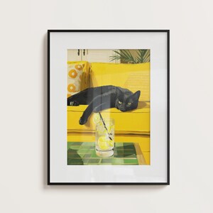 Black Cat With Lemonade Poster Wall Art – Yellow Sofa Cat Illustration ...