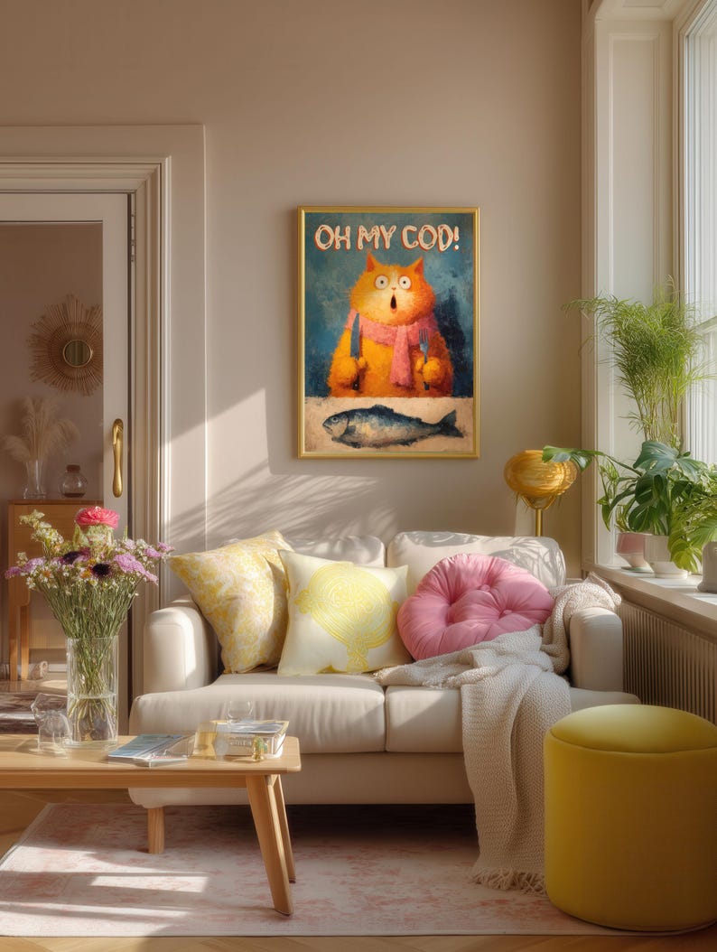 Oh My Cod! Funny Cat Wall Print – Maximalist Wall Art, Humorous Digital ...
