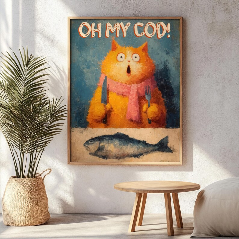 Oh My Cod! Funny Cat Wall Print – Maximalist Wall Art, Humorous Digital ...