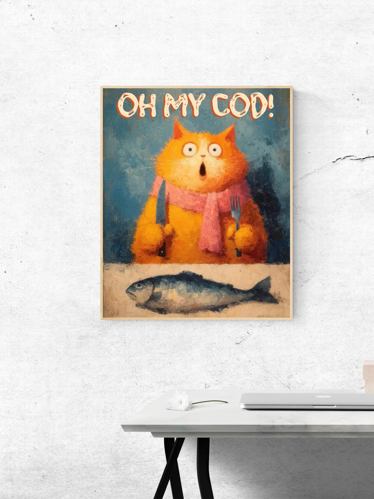 Oh My Cod! Funny Cat Wall Print – Maximalist Wall Art, Humorous Digital ...