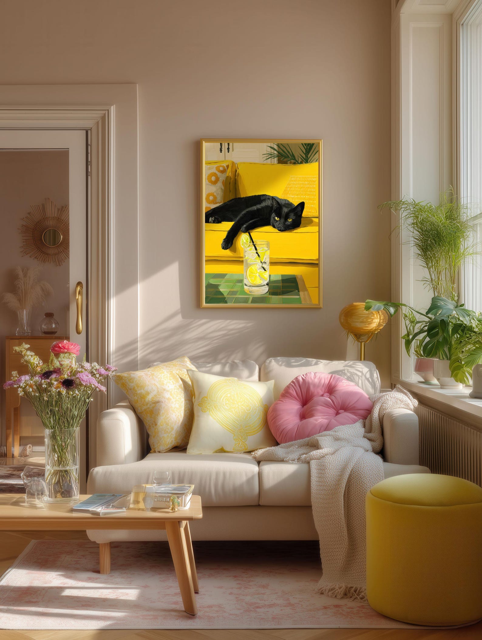Black Cat With Lemonade Poster Wall Art – Yellow Sofa Cat Illustration ...