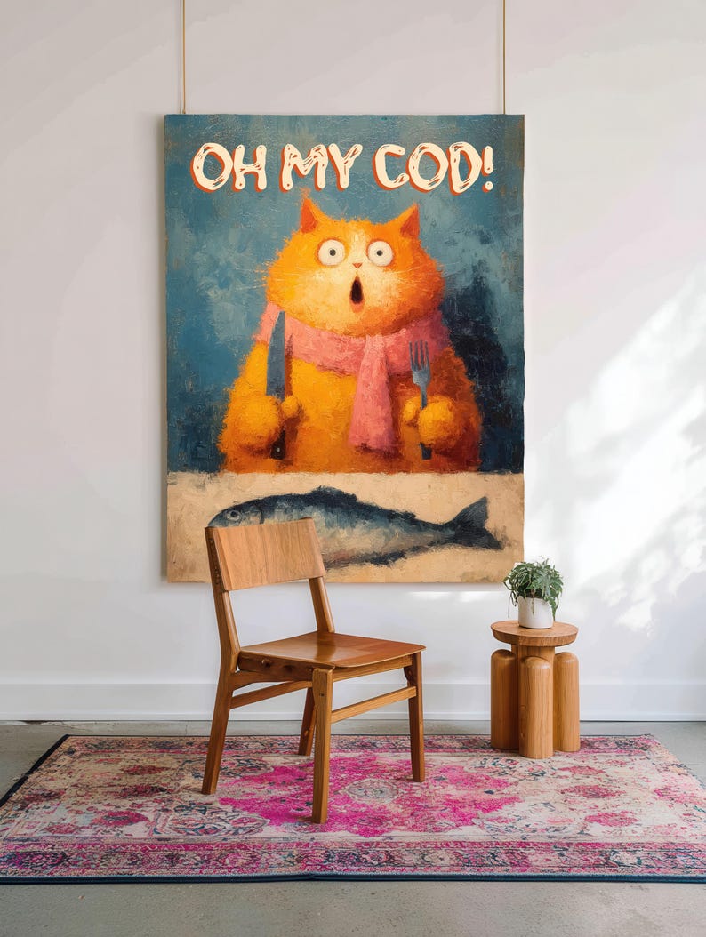 Oh My Cod! Funny Cat Wall Print – Maximalist Wall Art, Humorous Digital ...