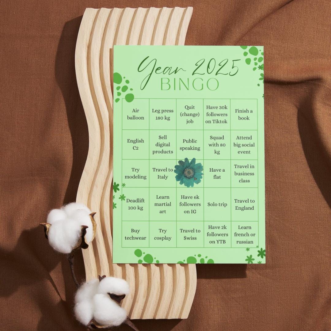 Green Illustrated Bingo Card for Year 2025 Goals, Manifestations, New ...
