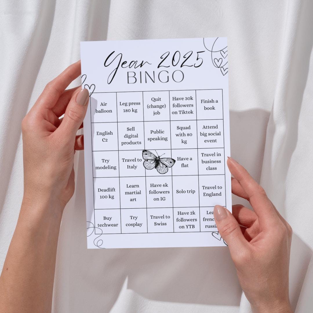 White Illustrated Bingo Card for Year 2025 Goals, Manifestations, New ...