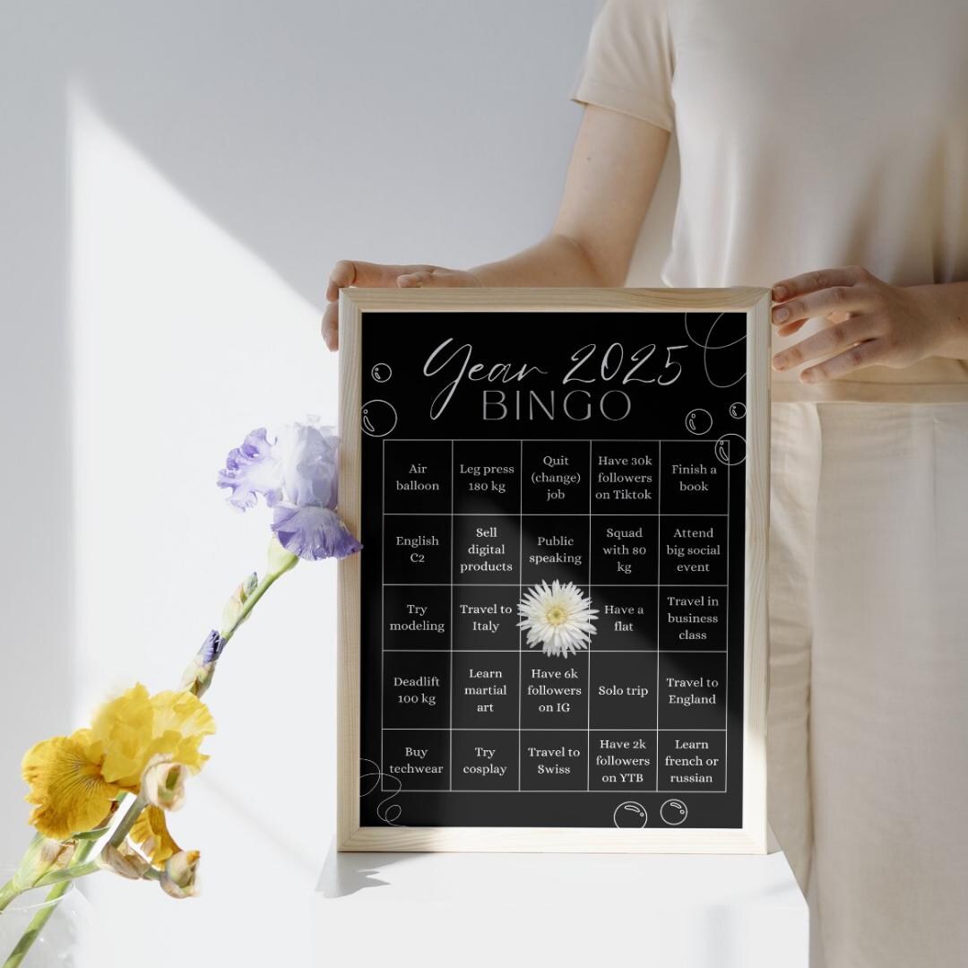Black Illustrated Bingo Card for Year 2025 Goals, Manifestations, New ...