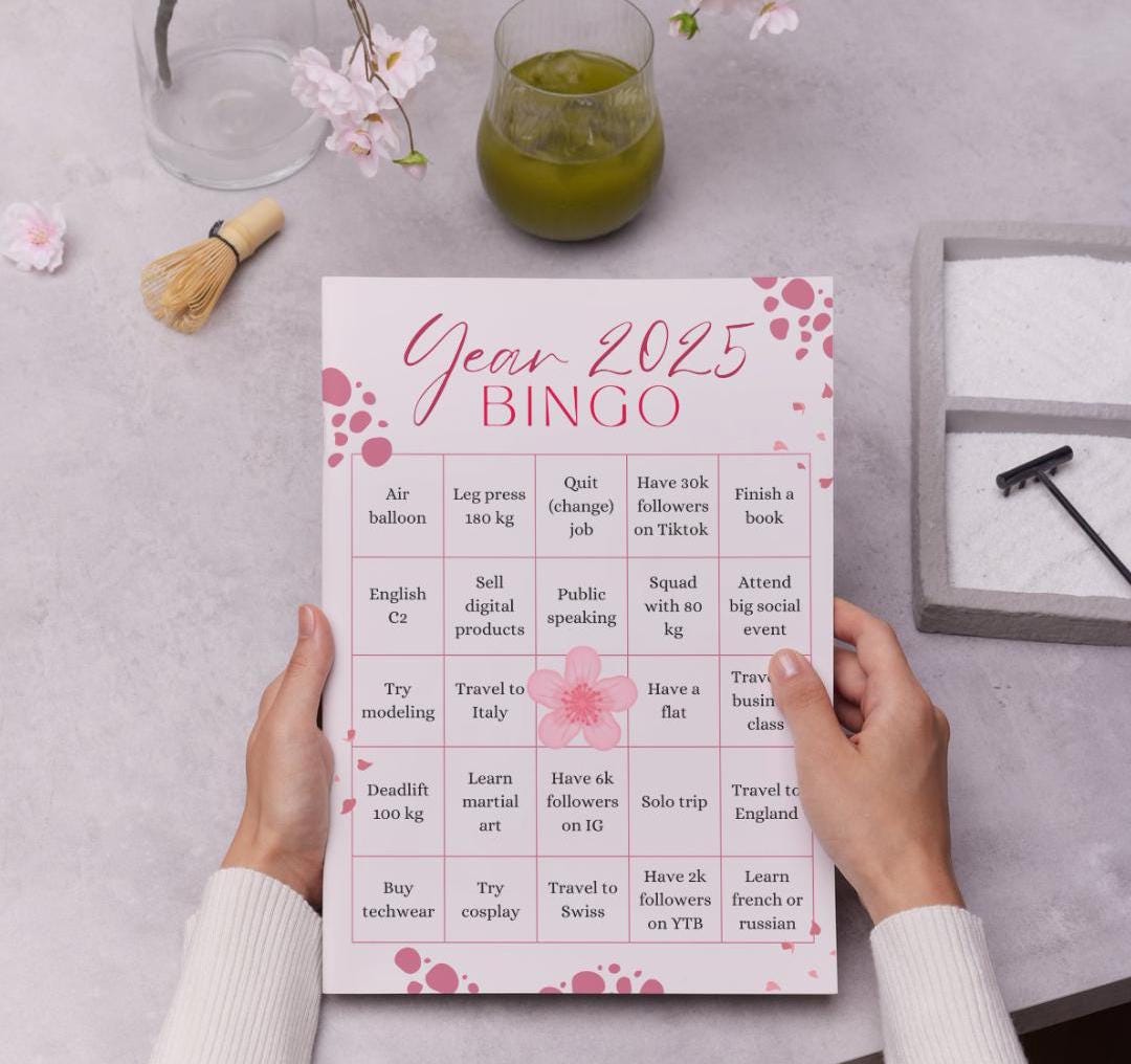 Pink Illustrated Bingo Card for Year 2025 Goals, Manifestations, New ...
