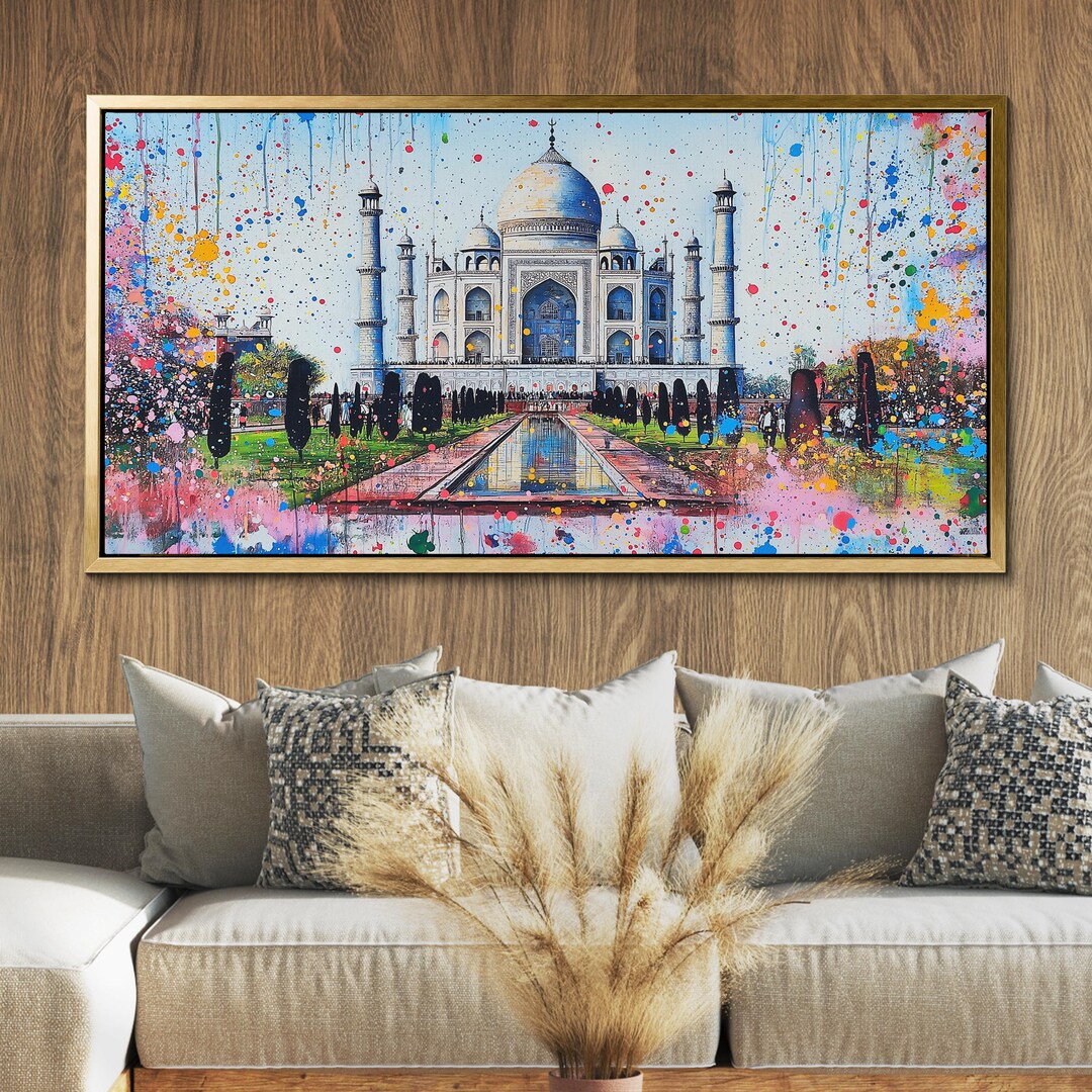 Taj Mahal Paint Splash Framed Canvas Art - Colorful Modern Decor ...