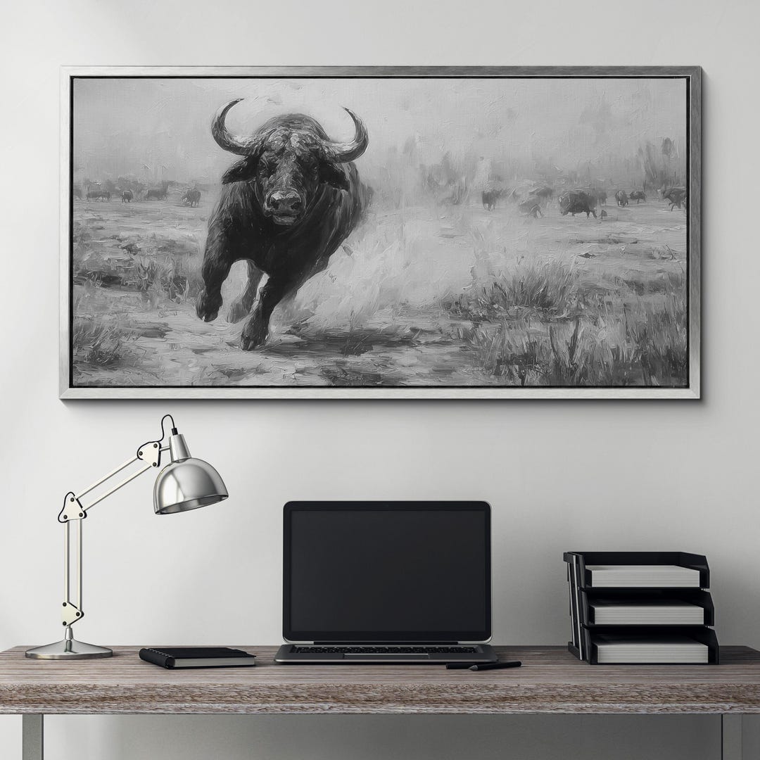 Charge · Buffalo Running Black & White Wall Art · Dynamic Wildlife ...
