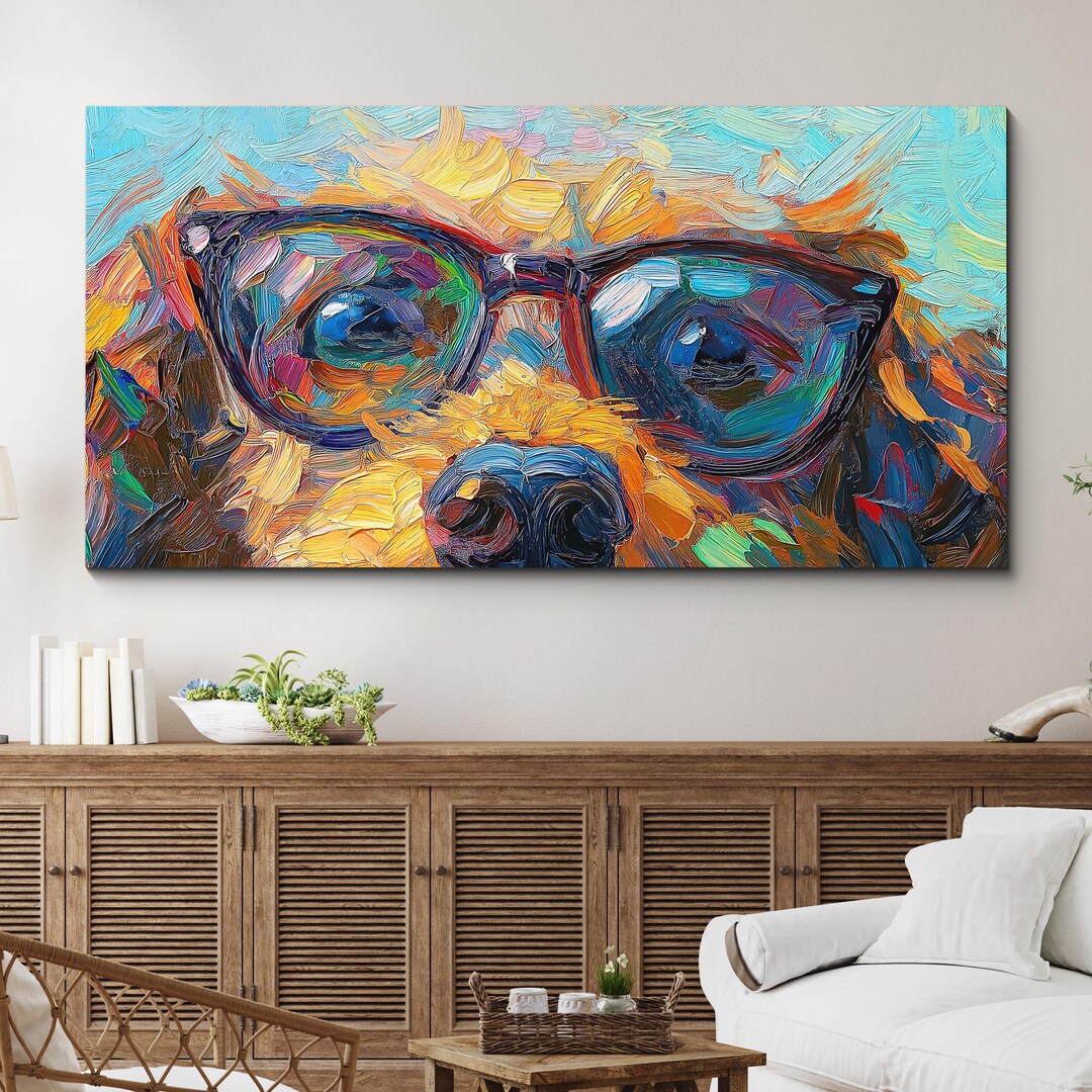 Cockapoo With Glasses Dog Canvas Wall Art, Abstract Modern Oil Painting ...