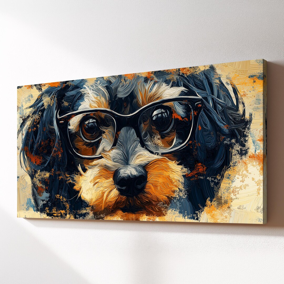 Cockapoo With Glasses Dog Canvas Wall Art, Abstract Modern Oil Painting ...