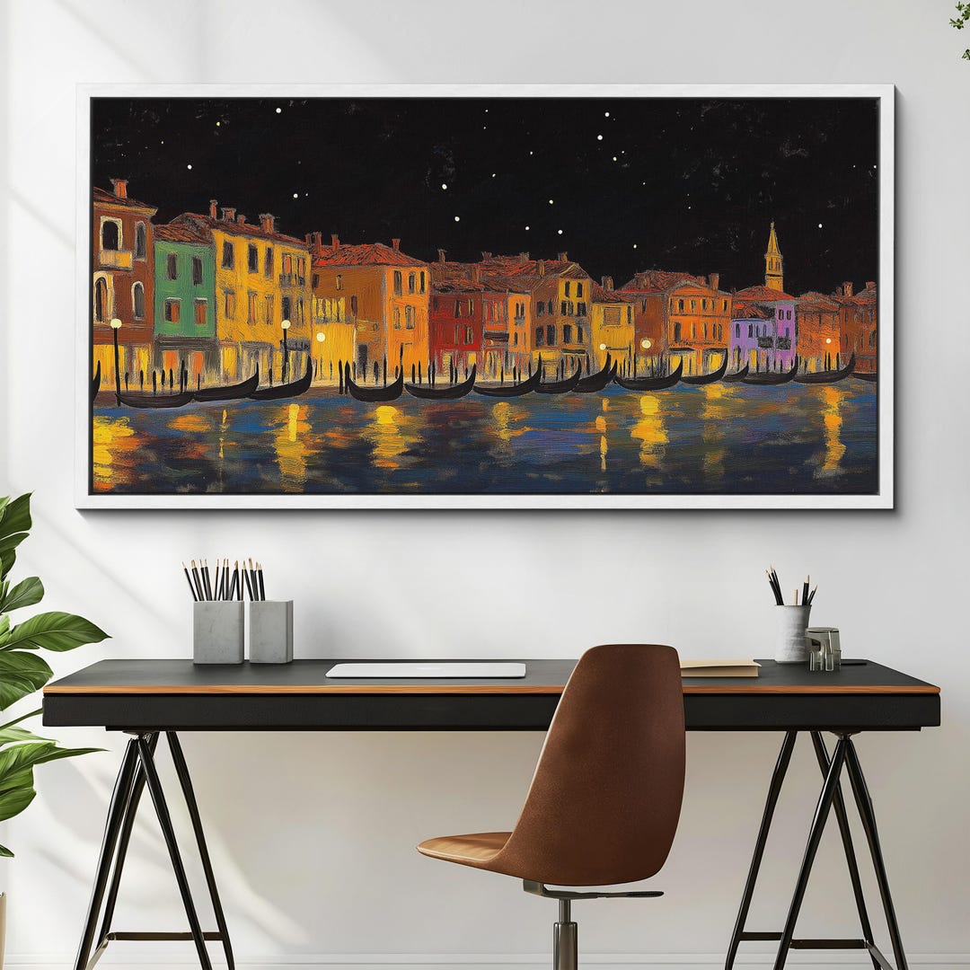Rainbow Venice Style Oil City Skyline Framed Canvas Art - Urban Wall ...