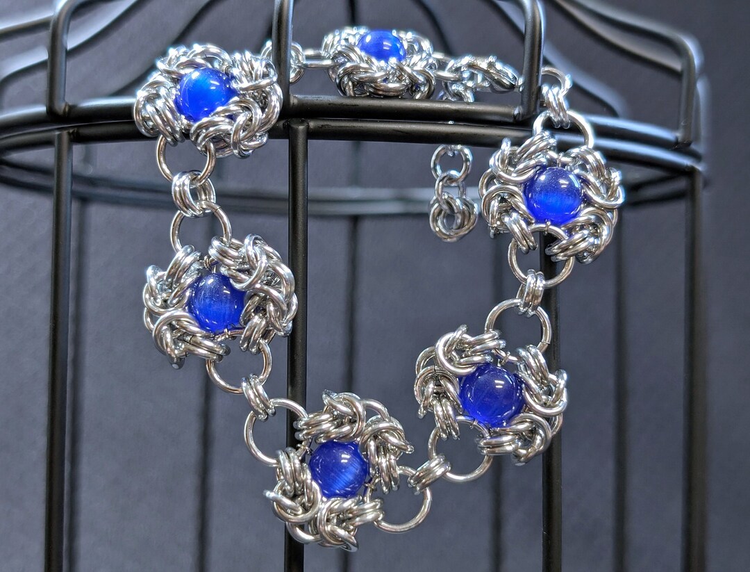 Silver and Blue Romanov Pattern Chainmail Bracelet With Dyed Tiger's ...