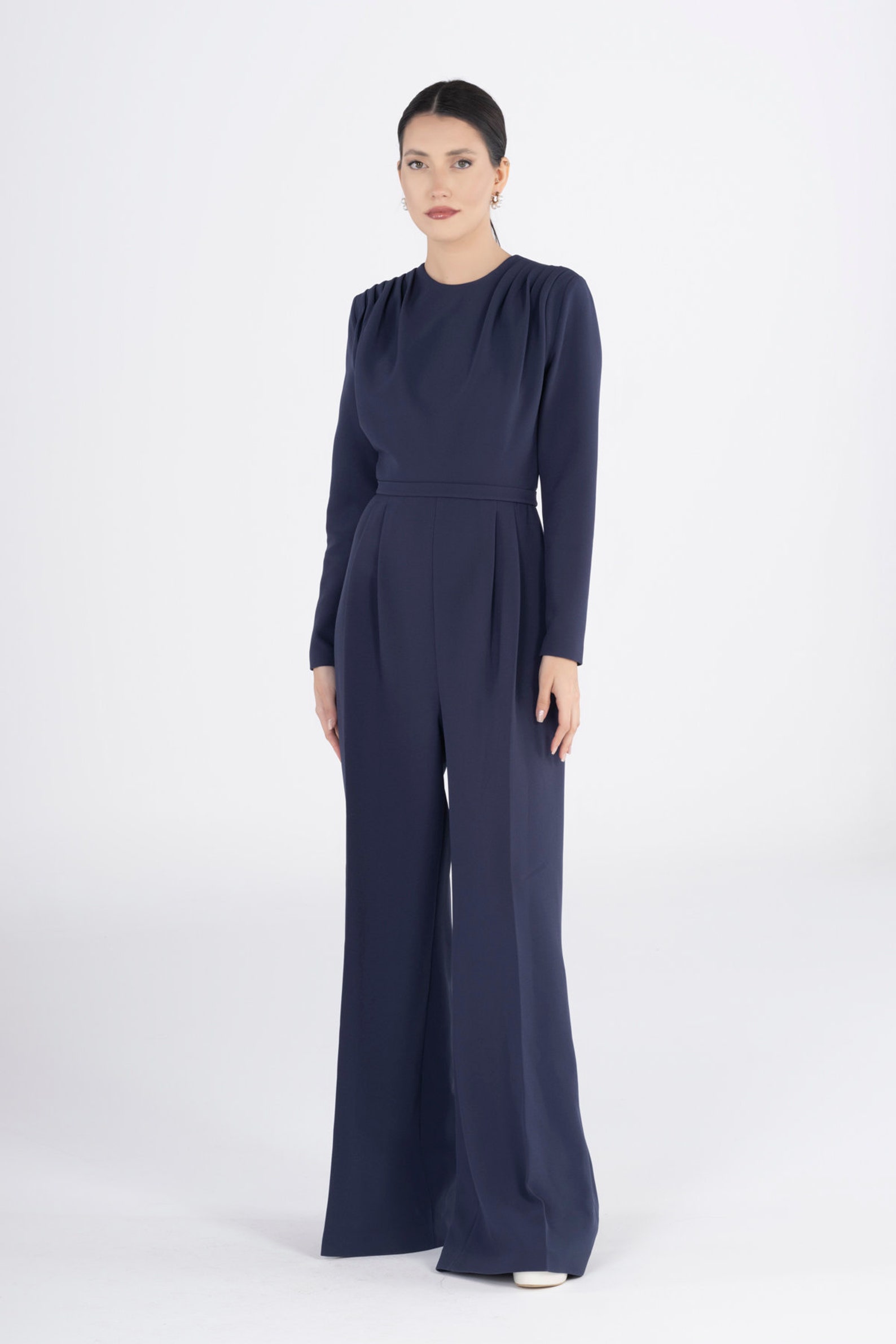 Chic Dark Blue Jumpsuit for Special Occasions Elegant, Pleated-wide Leg ...