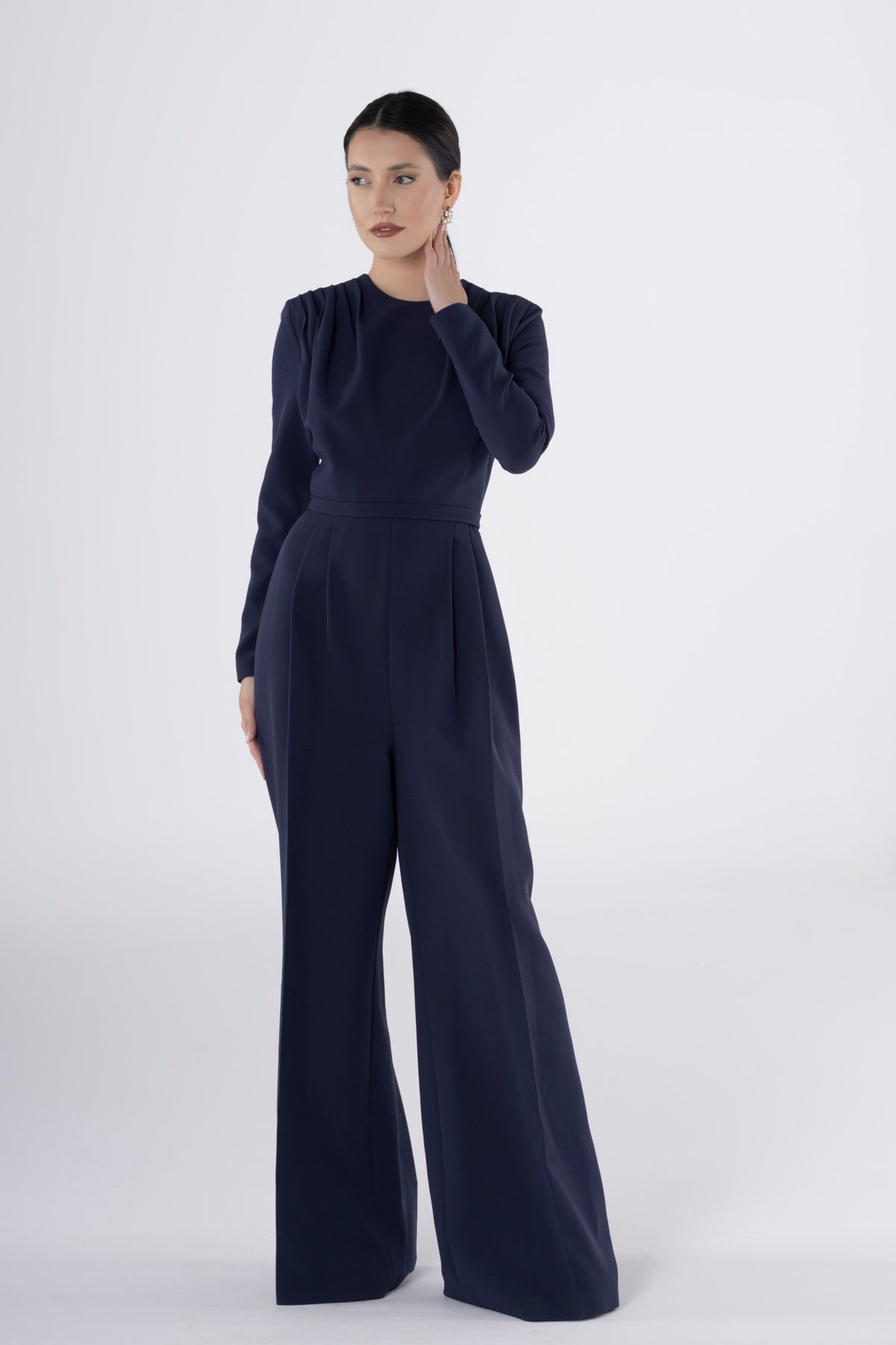 Chic Dark Blue Jumpsuit for Special Occasions Elegant, Pleated-wide Leg ...