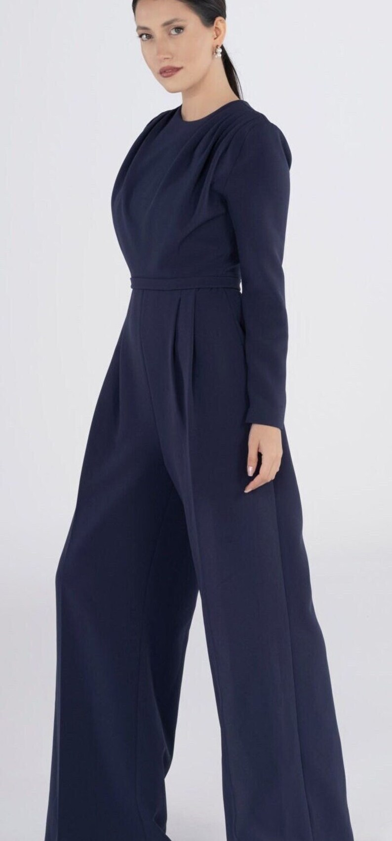 Chic Dark Blue Jumpsuit for Special Occasions Elegant, Pleated-wide Leg ...