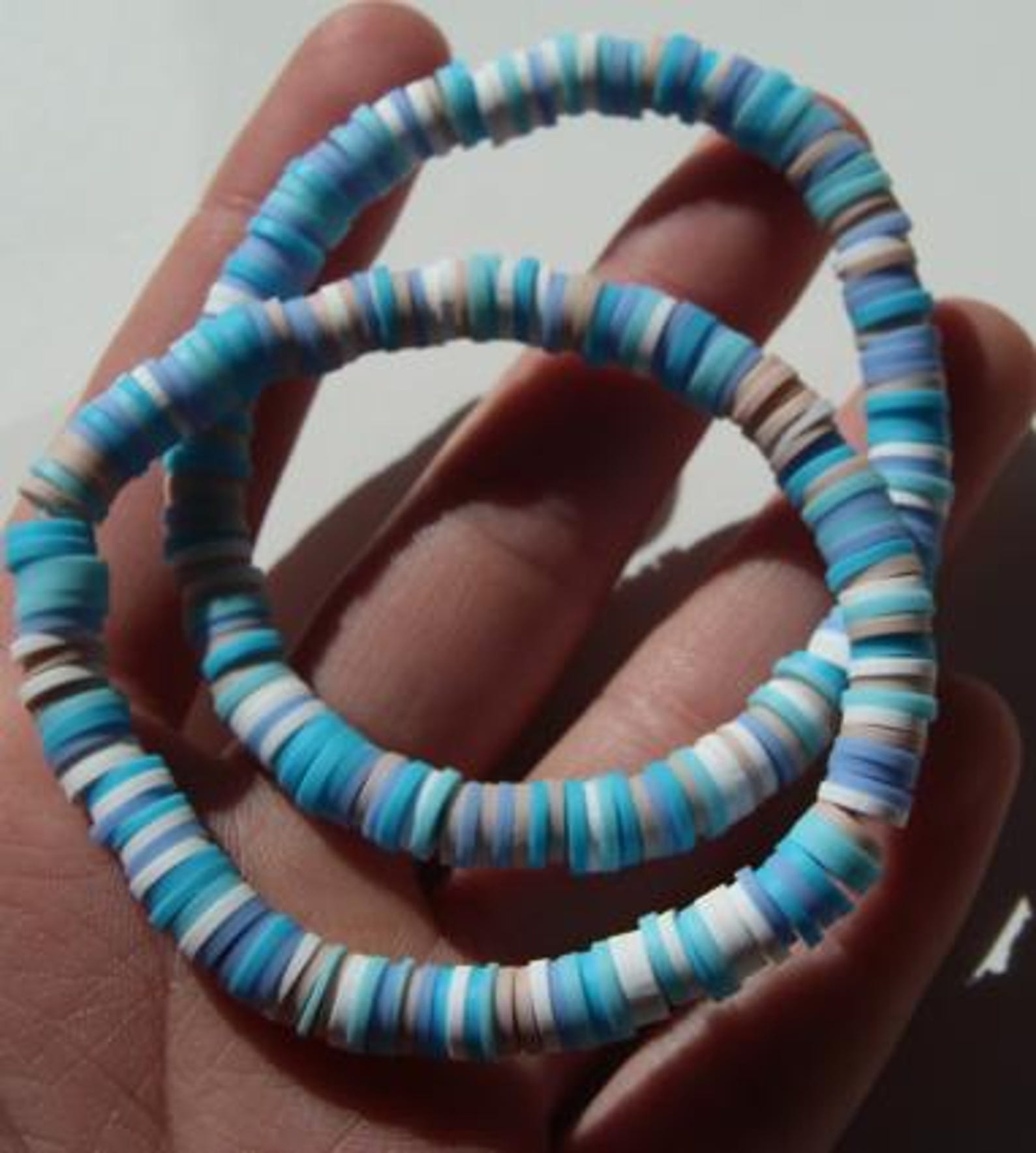 Blue Tan White Periwinkle 7 Inch Clay Bead Bracelet Beachy Jewelry ...