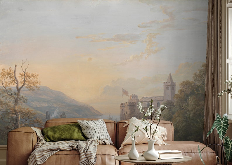 Vintage Castle Wallpaper, Landscape Wall Mural, Scenic Village Home ...