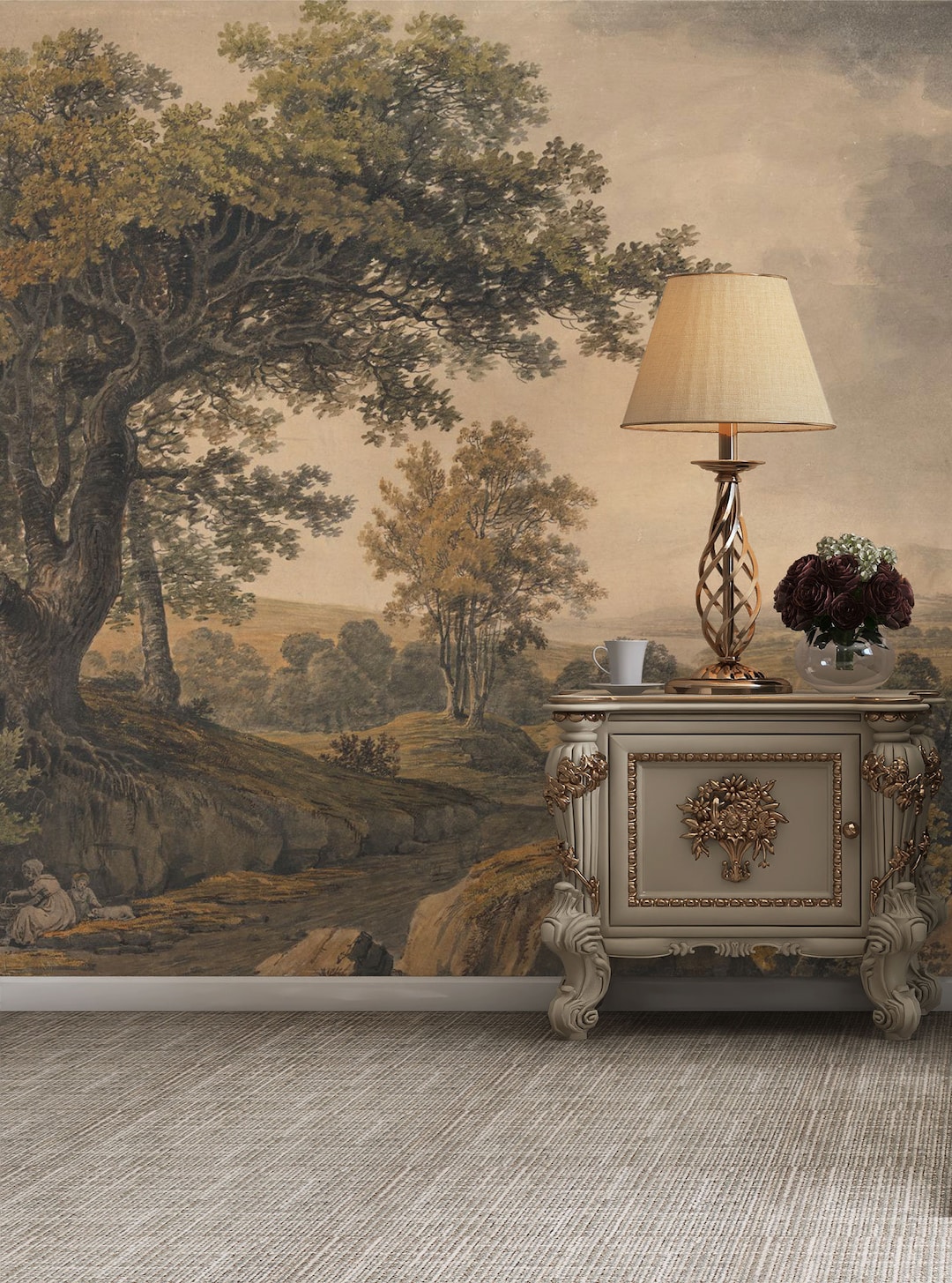 Vintage Tree Landscape Wallpaper, Mountain Wall Mural, Home Decor, Peel ...