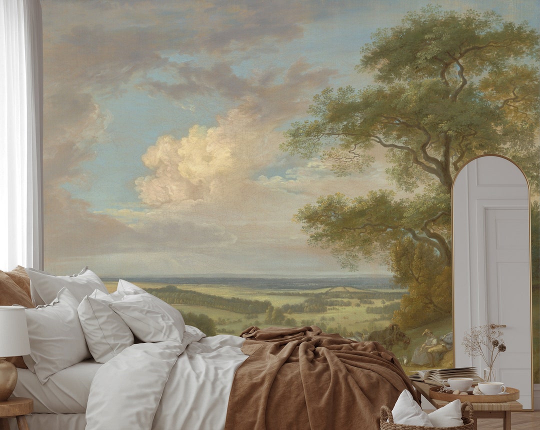 Vintage Tree Wallpaper, Landscape Wall Mural, Scenic Village Home Decor ...