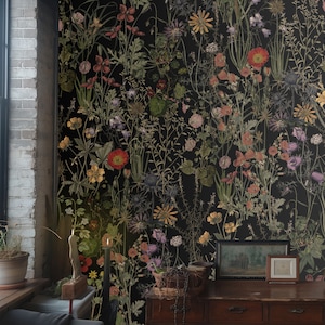 Wild Flowers and Leaves Wallpaper, Dark Botanical Wall Mural, Floral ...