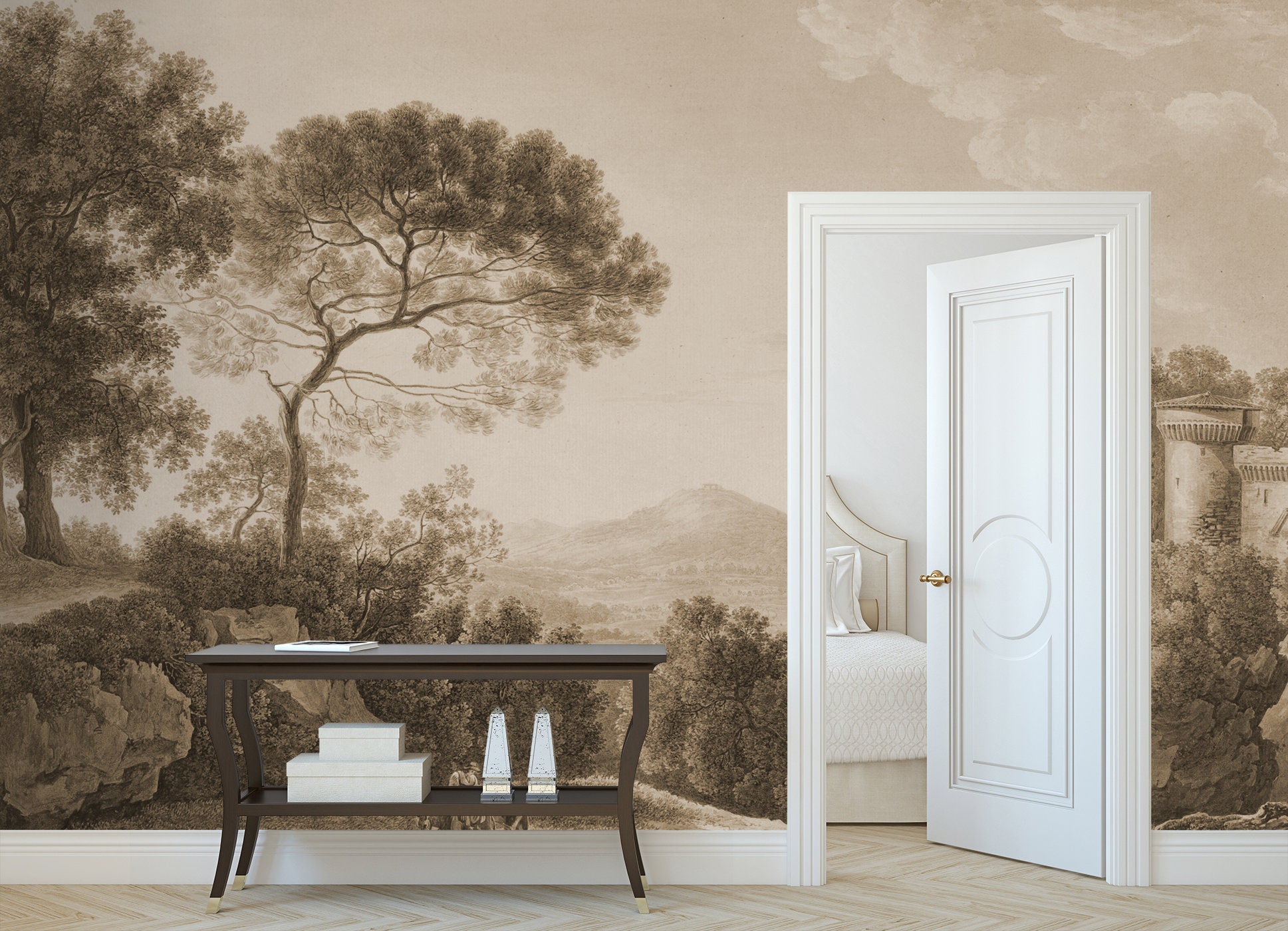 Sepia Tree Landscape Wallpaper, Vintage Wall Mural, Scenic Landscape ...